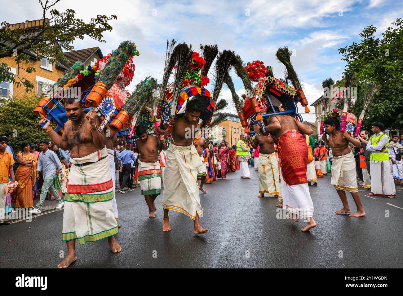 London, UK. 08th Sep 2024. A group of male dancers perform the Kavadi ...