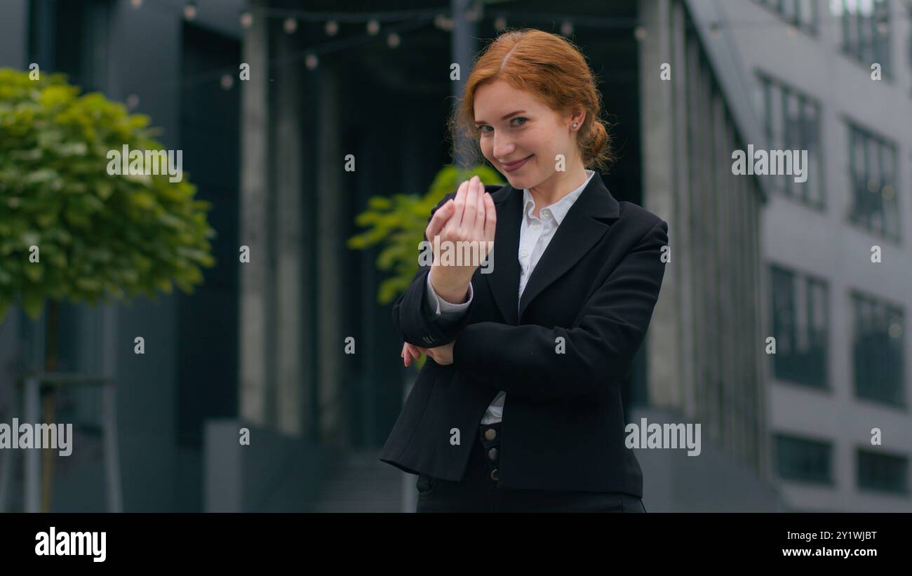 Happy friendly smiling young Caucasian ginger businesswoman recruiter ...