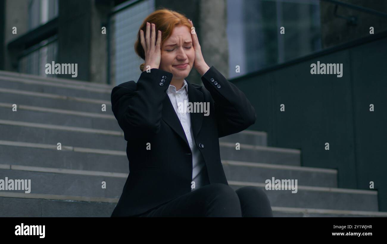 Stressed frustrated sad Caucasian girl businesswoman female fired ...