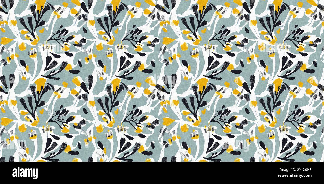 Modern printed fabric flower block print pattern with linen texture ...