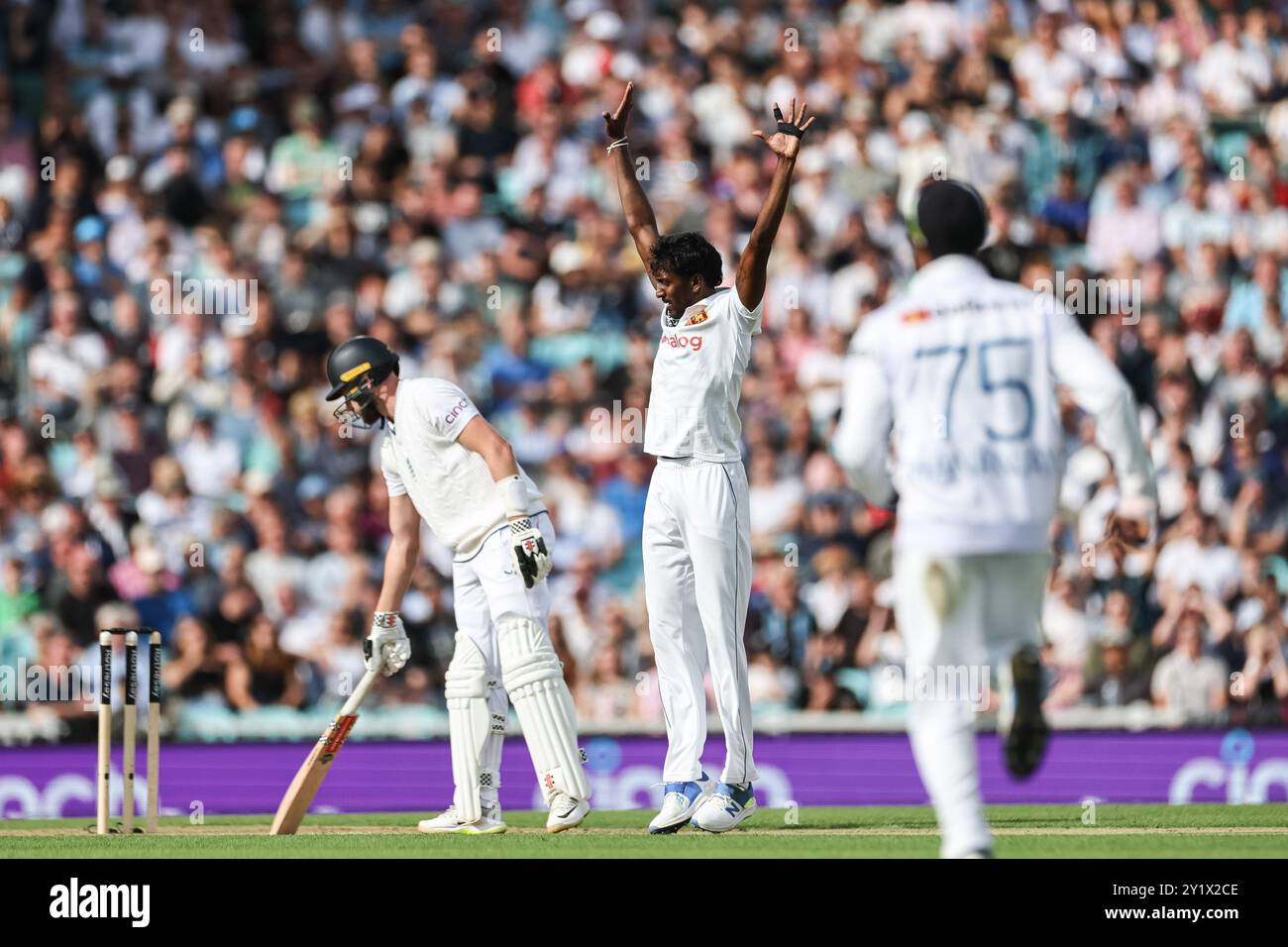 Milan Rathnayake of Sri Lanka celebrates the LBW of Gus Atkinson of ...