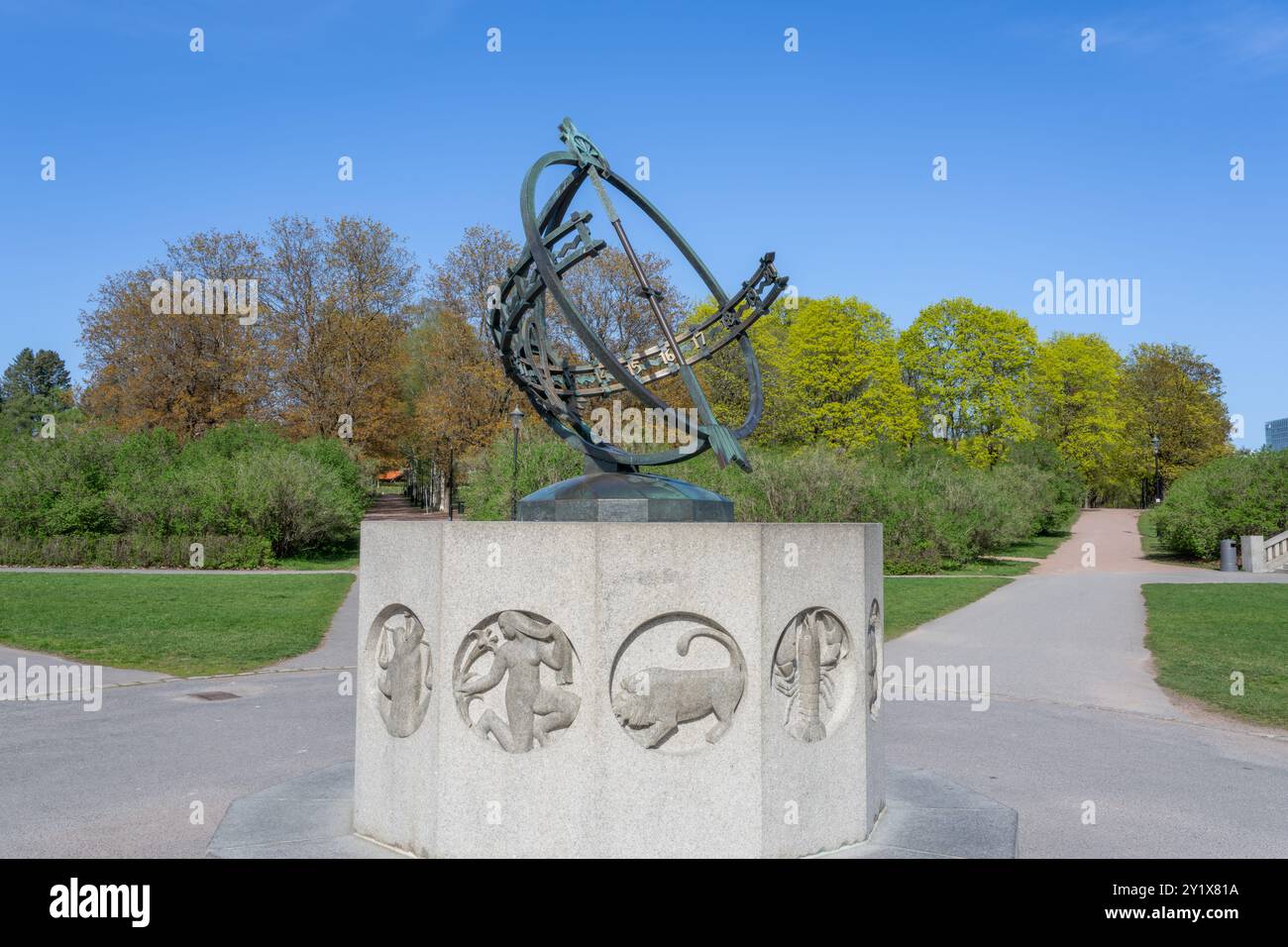 Oslo, Norway - May 3, 2024: A bronze sundial stands in the center of ...
