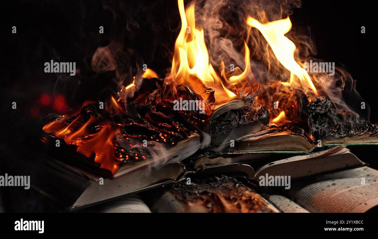 Old Open Books Burning. Big Bright Flame On Papers. Destruction Of ...