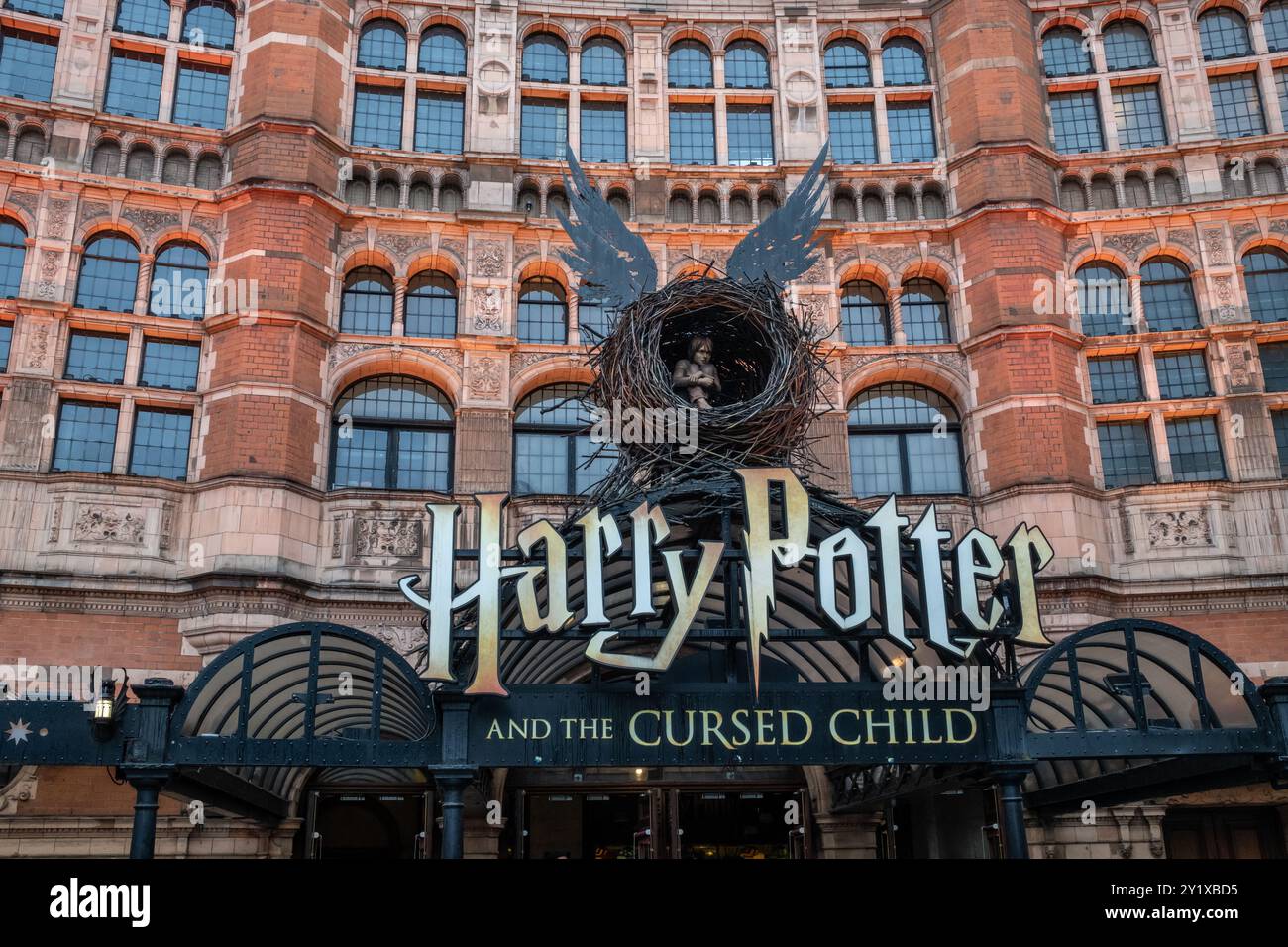 The Harry Potter and The Cursed Child show sign on the exterior of the Palace Theare in London's ...