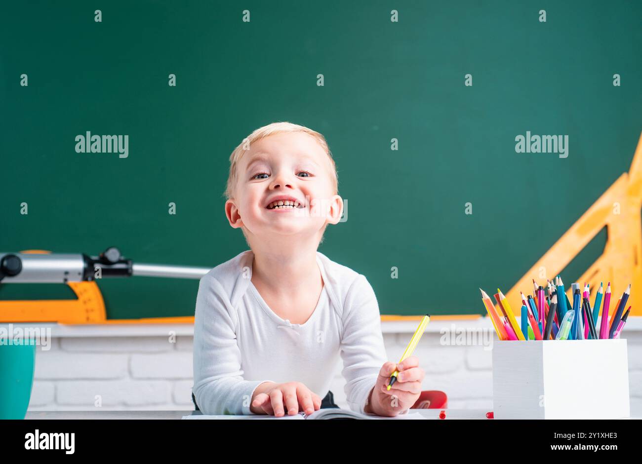 Portrait of funny Pupil in classroom. Elementary school and education ...