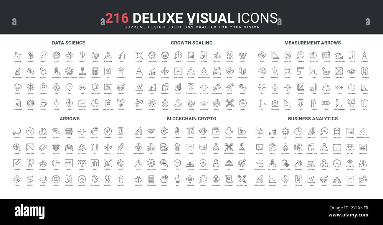 Business analytics and data protection, science, blockchain and crypto technology line icon set ...
