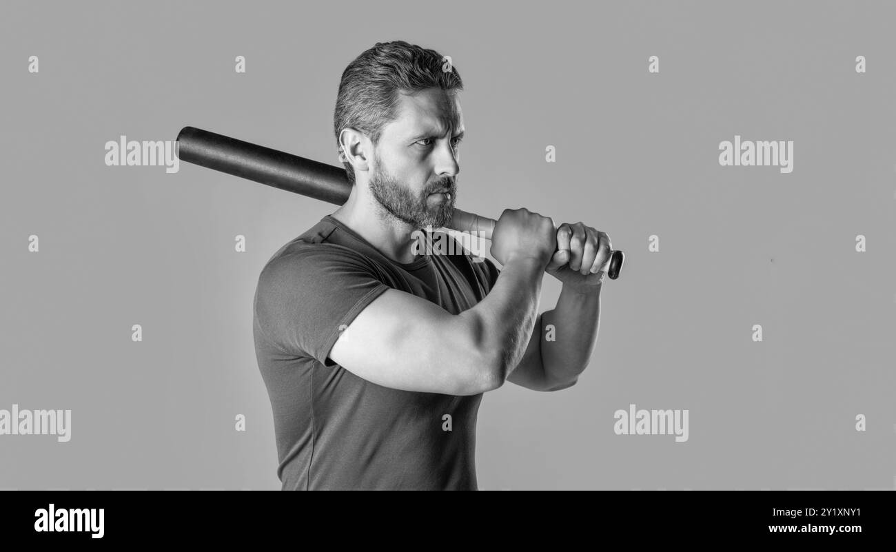 aggression of angry man beat with bat in studio. photo of angry man ...