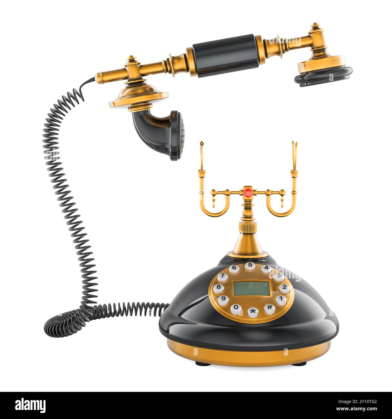 Retro old-fashioned phone with lifted handset receiver. 3D rendering ...