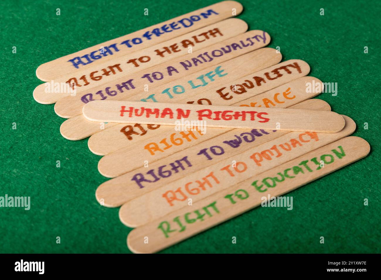 Wooden popsicle sticks displaying human rights messages, placed ...