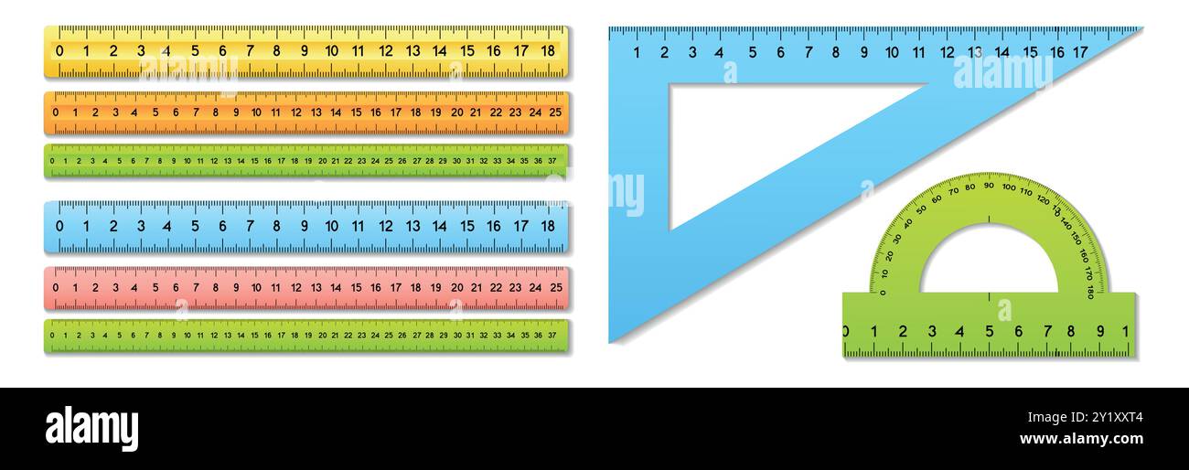 Multicolored school ruler set isolated on white background with ...