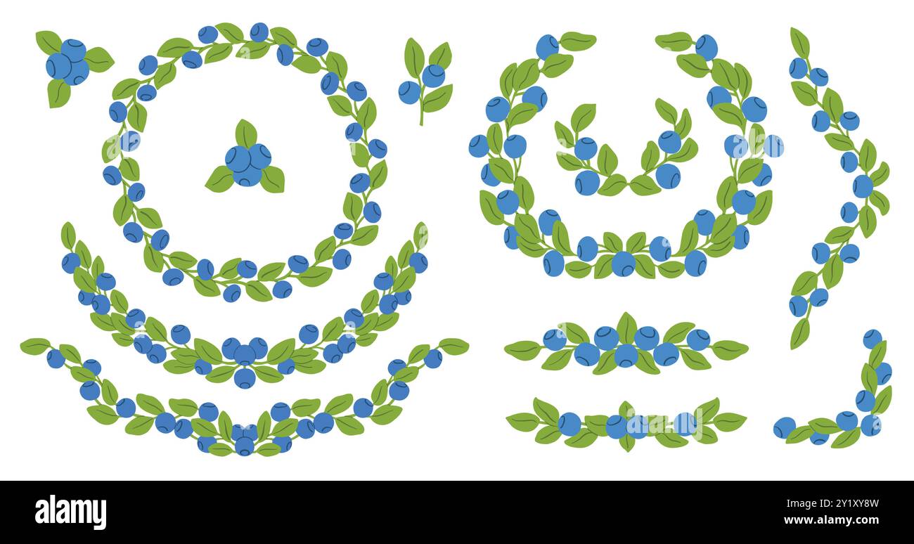 Blueberry graphic design element set in color. Berry frames and ...