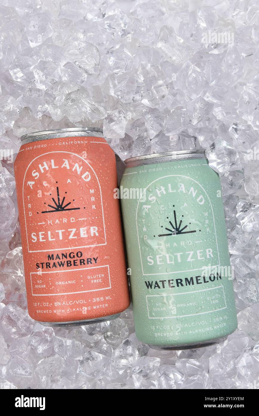 IRVINE, CALIFORNIA - 6 SEPT 2024: Cans of Ashland Hard Seltzer on a bed ...