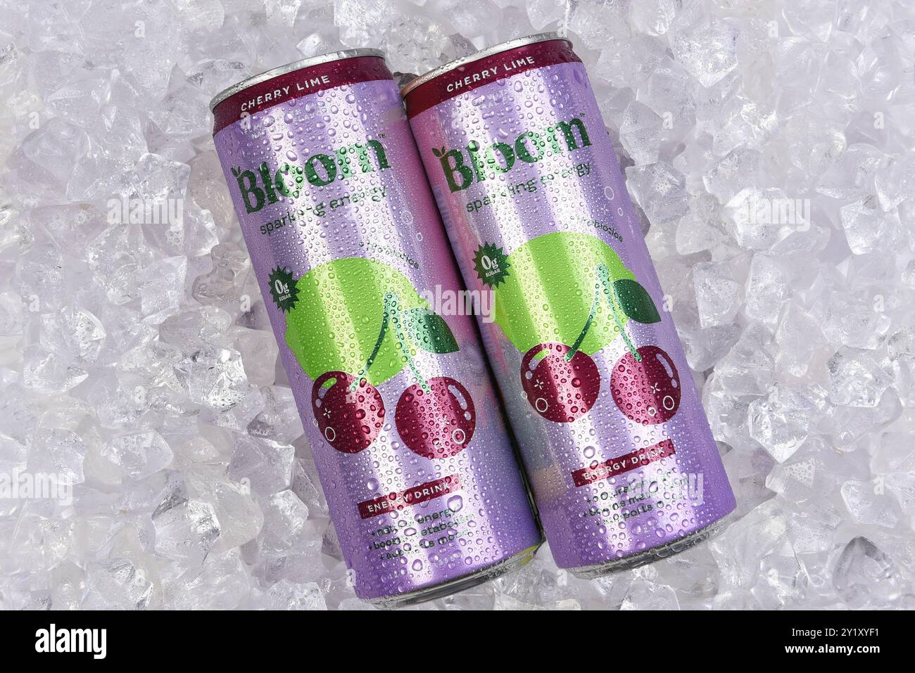 IRVINE, CALIFORNIA - 6 SEPT 2024: Bloom Cherry Lime Energy Drink on a ...