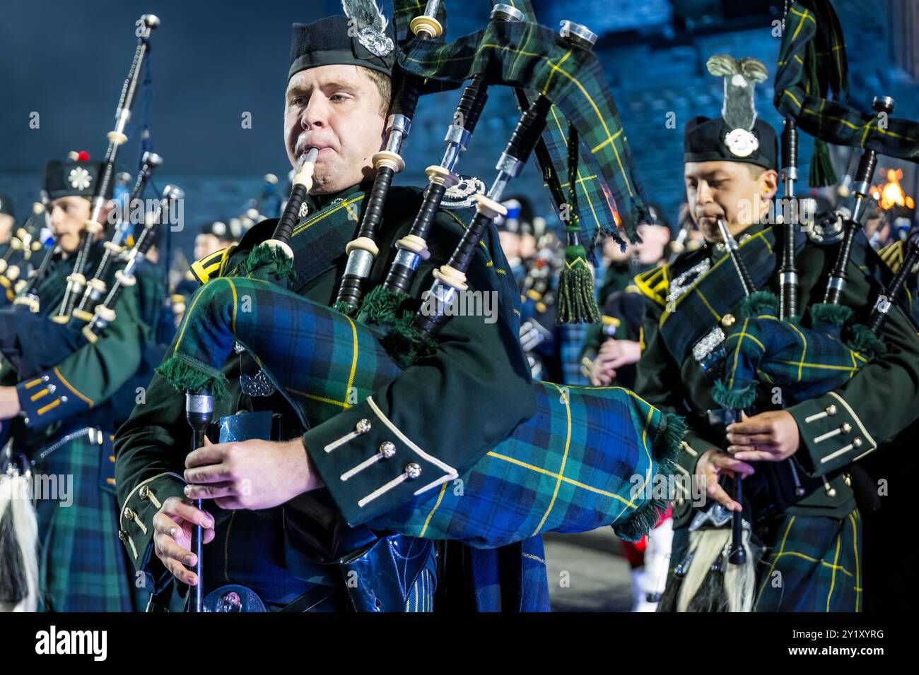 Scottish soldiers marching playing bagpipes, Edinburgh Military Tattoo ...