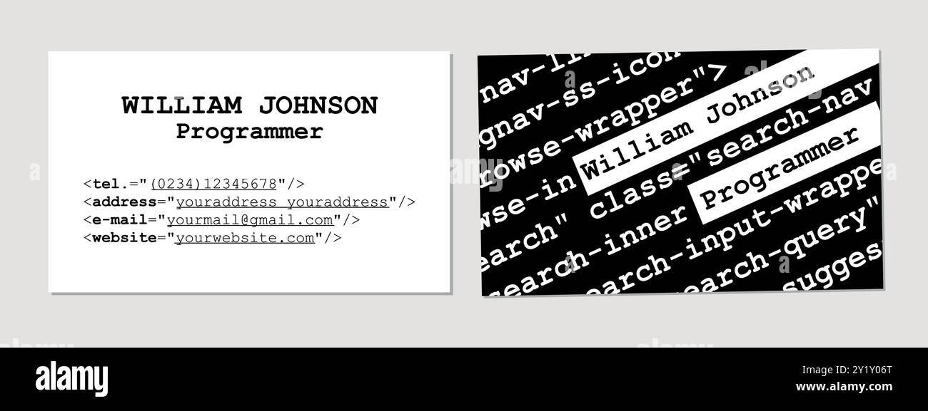 Business card template in black white for coder, IT geek, programmer ...