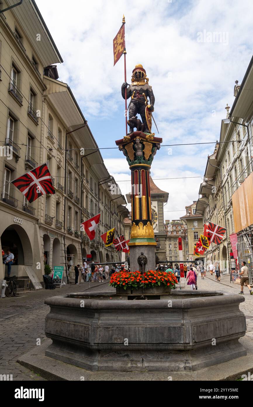Bern, Switzerland - July 22, 2024: Zahringerbrunnen fountain features ...