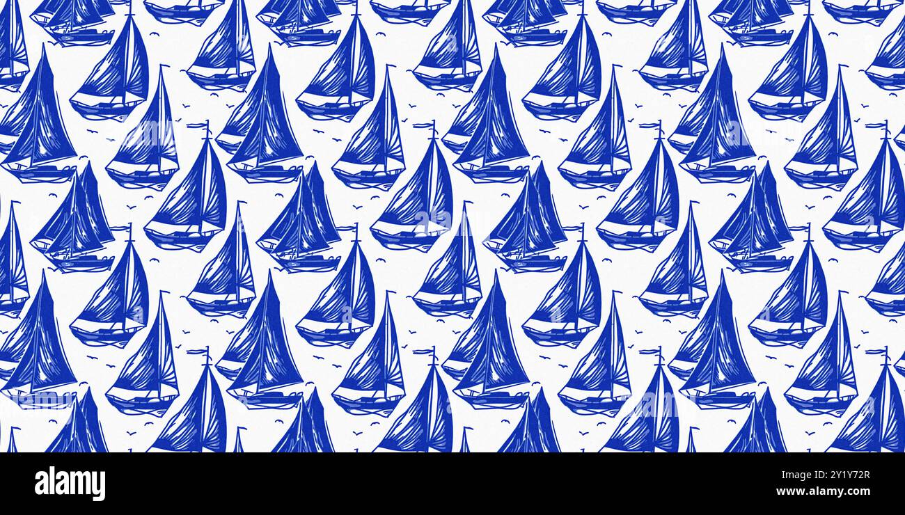 Modern sailing race boat block print banner for decorative coast ...