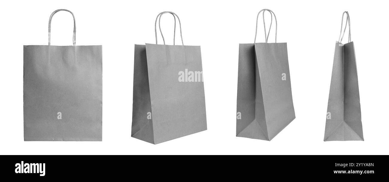 Set of different angles blank gray craft paper bags isolated on white ...