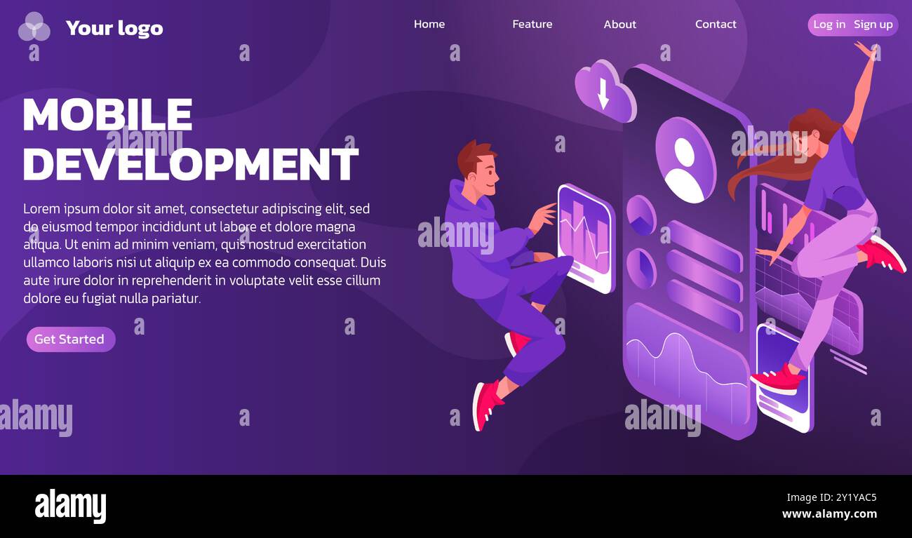Mobile app. Smartphone software development landing page. Isometric ...