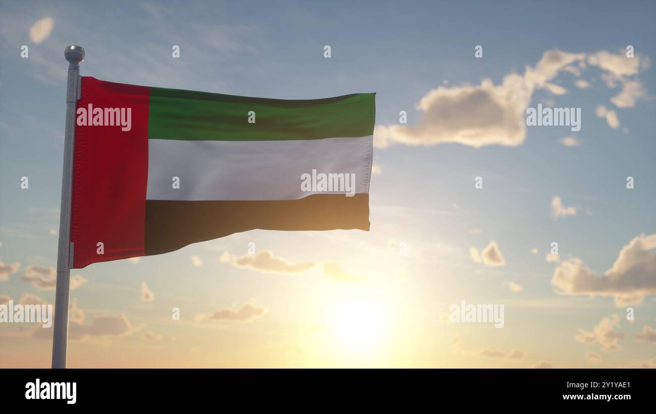 Flag of United Arab Emirates waving in the wind, sky and sun background ...