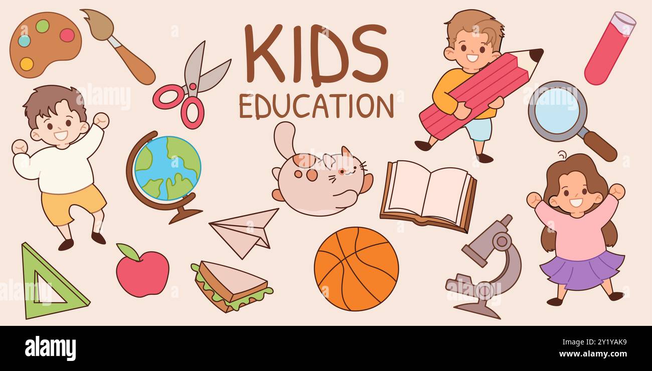 School kids. Child students, cute children book and pencil. Japanese ...