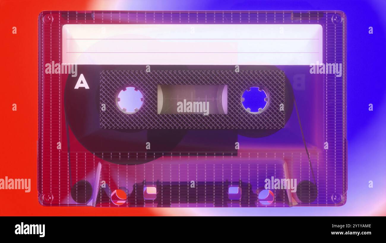 Retro music concept. Radio tape recorder, audio cassette. Vintage neon ...