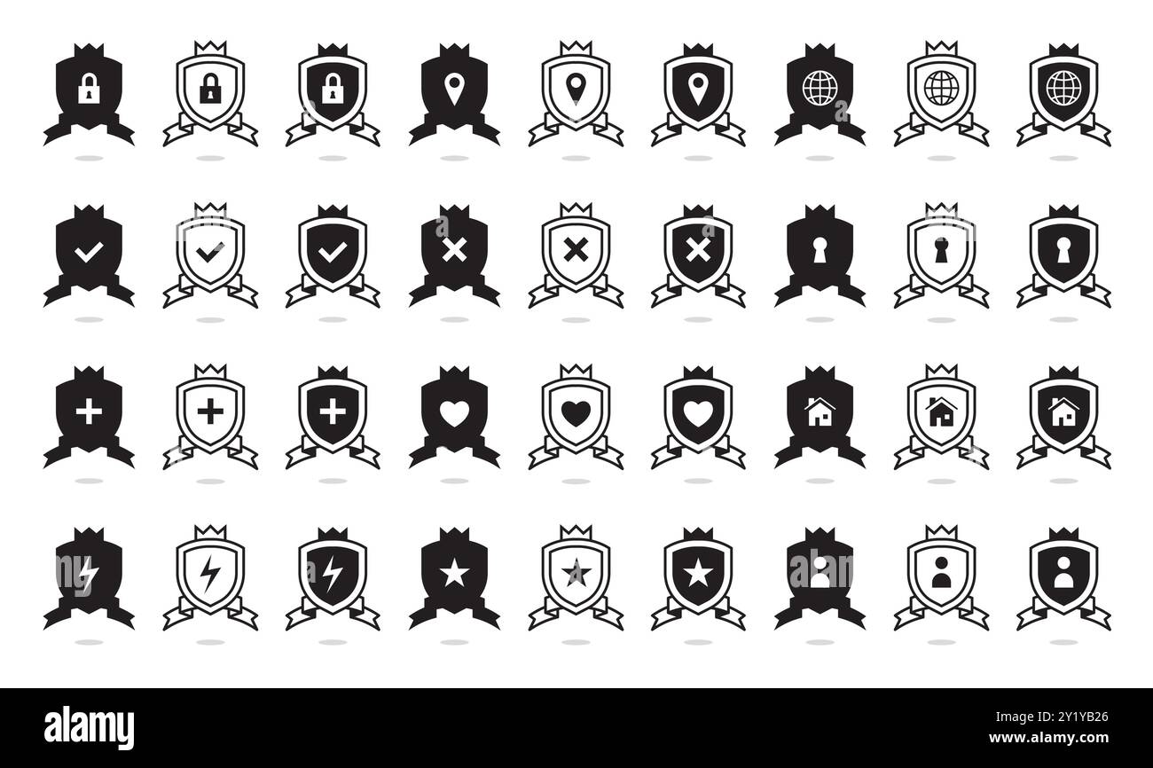 Protect icons. Shield with symbols. Safety lock for privacy and safe ...