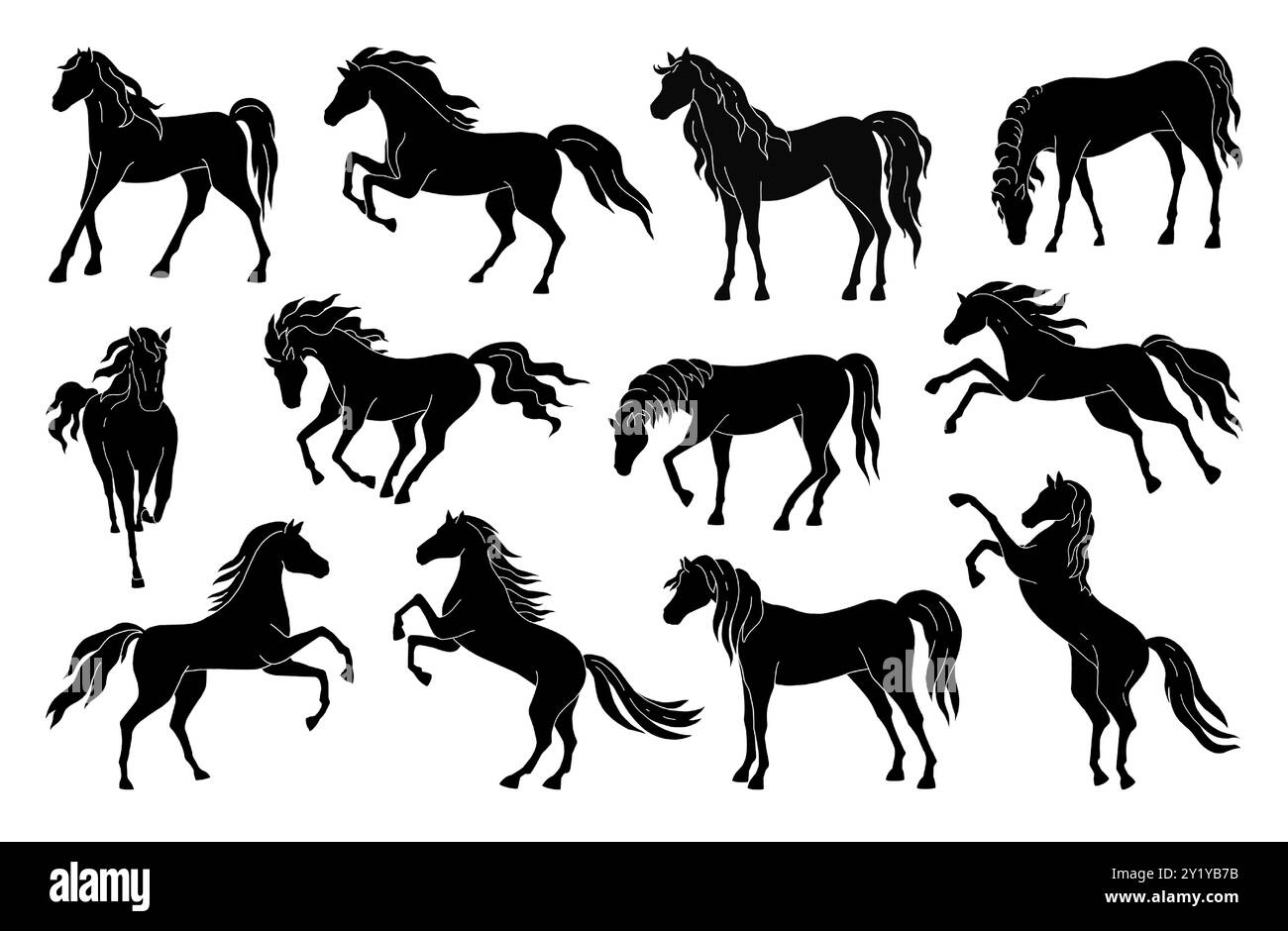 Horse silhouette. Black and white rearing stallion, wild mustang ...
