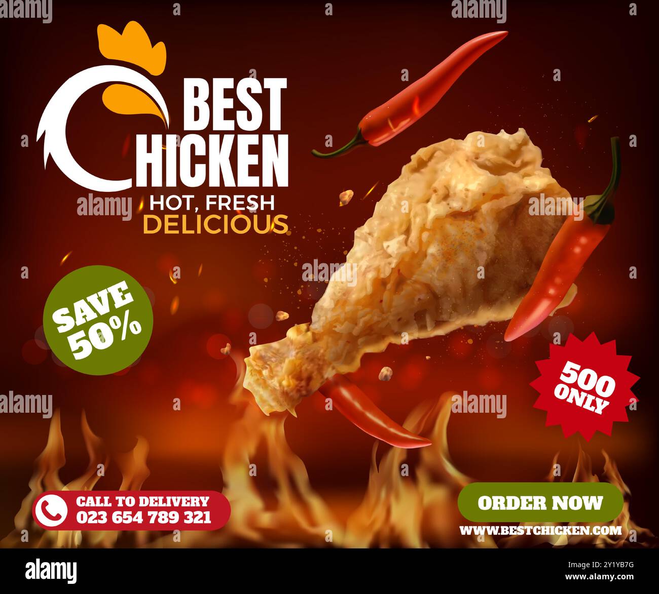 Spicy chicken. Hot fast food ad poster. Fire crispy nuggets with chili ...