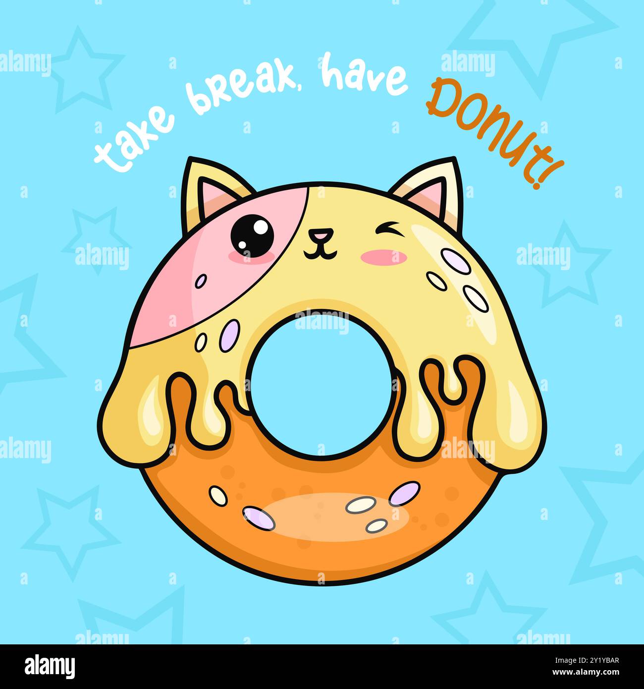Cute donut cat with drops of falling glaze. Funny card with cartoon ...