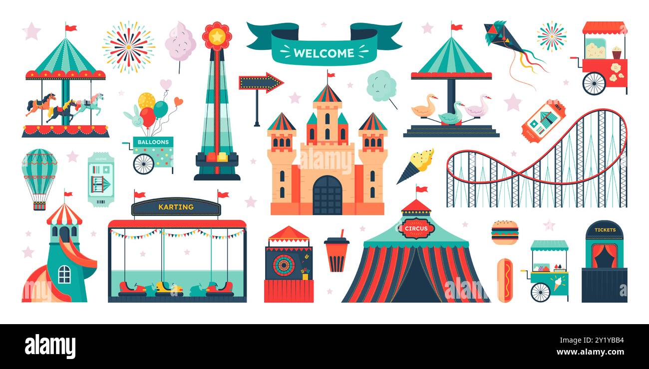 Carnival park. Circus carousel on fair. Funfair tent and rollercoaster ...