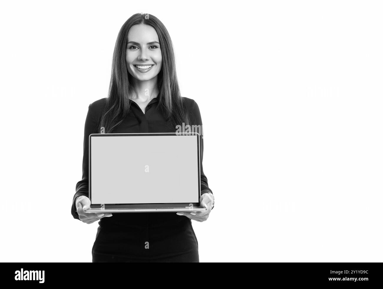 Happy woman blogger holding laptop computer with green screen chroma ...