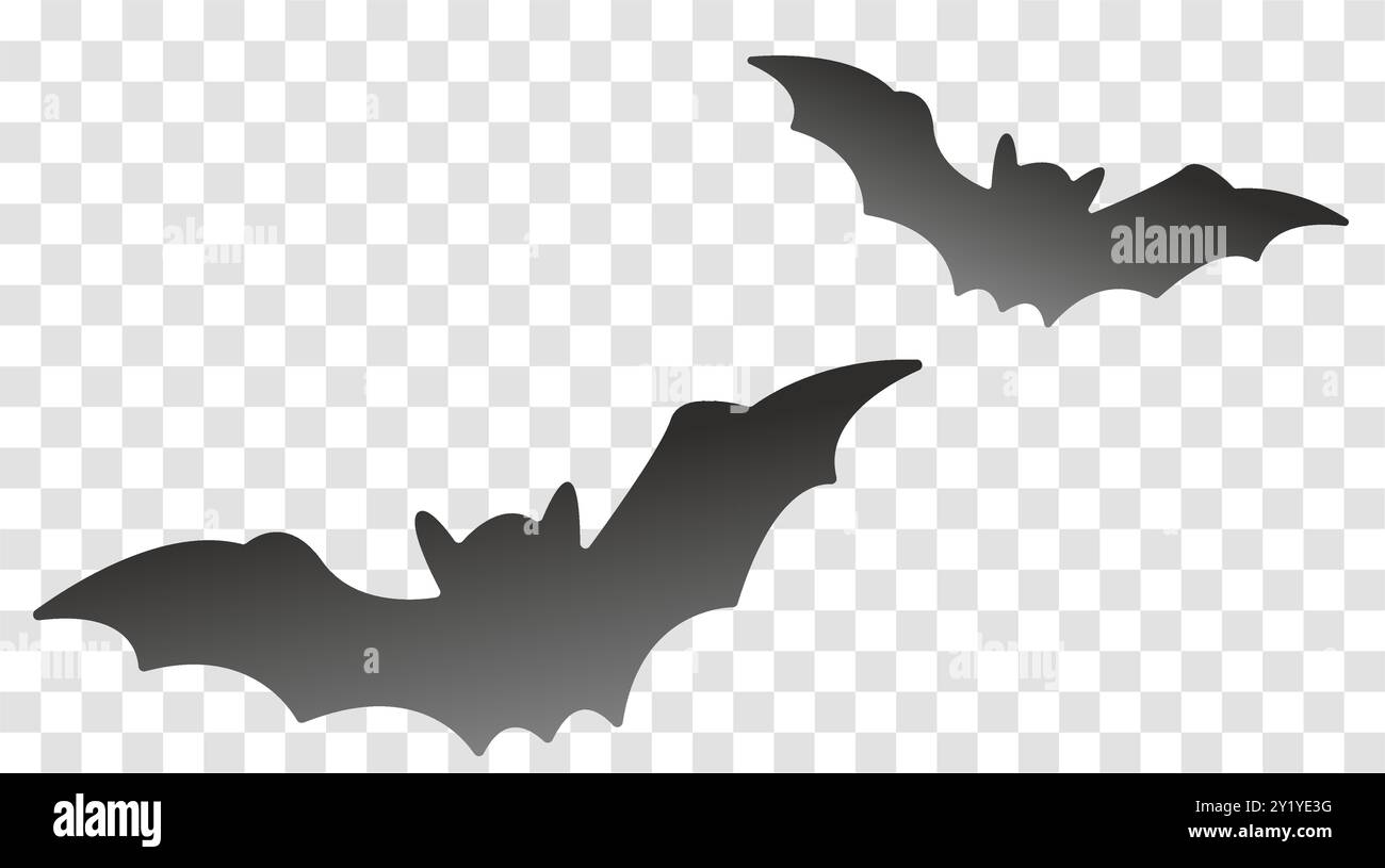 Silhouette of two black bats in flight on a transparent checkered ...