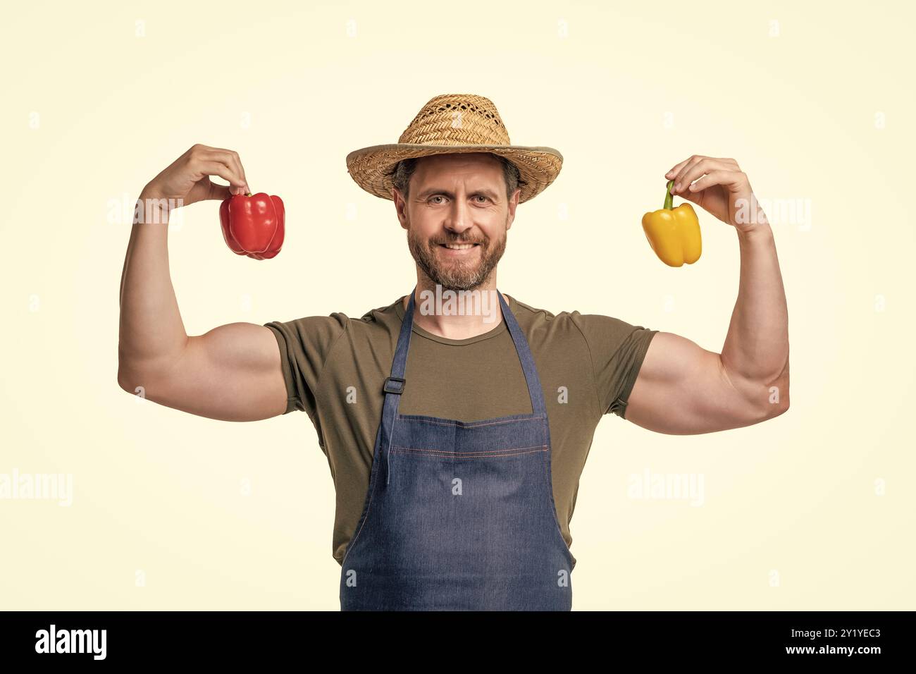 strong man in apron and hat with sweet pepper vegetable isolated on ...