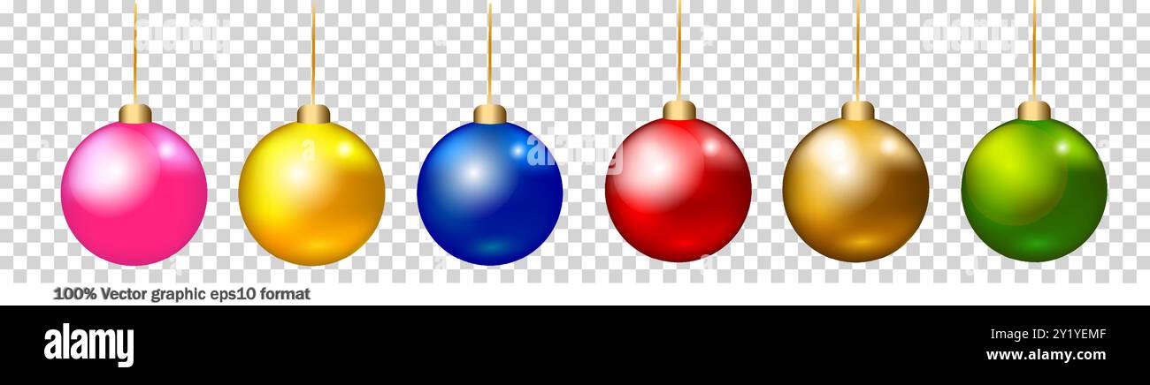 Six colorful Christmas ornaments, each a different color, hanging in a ...