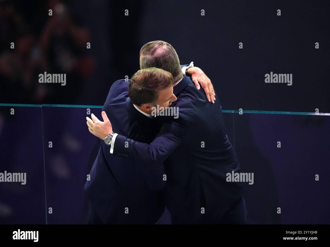 President of France Emmanuel Macron hugs IPC President Andrew Parsons ...