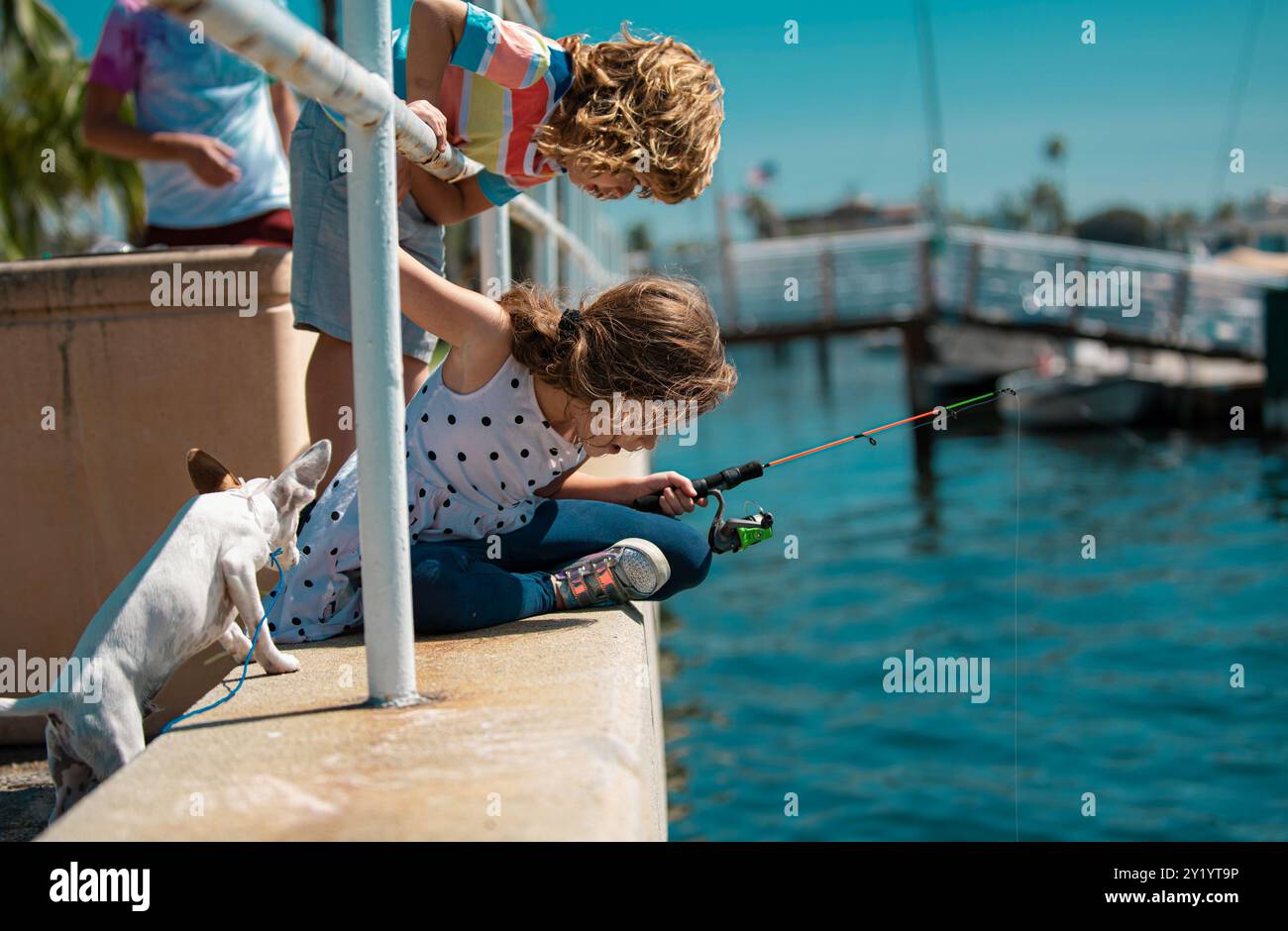 Kids boy and girl friends fishing on weekend. Two kids boy and girl ...