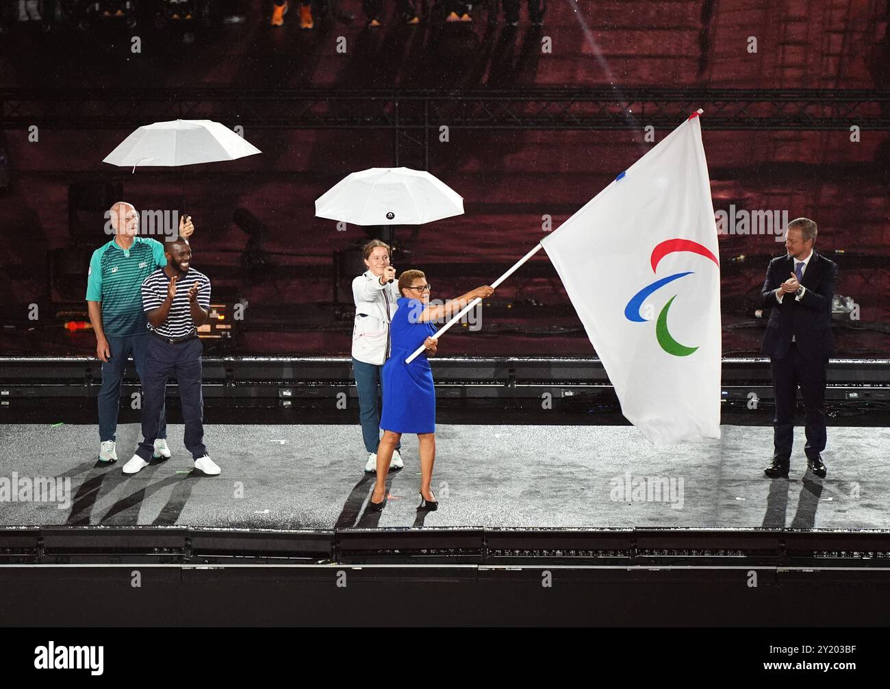 Mayor of Los Angeles Karen Bass receives the Paralympic flag during the ...