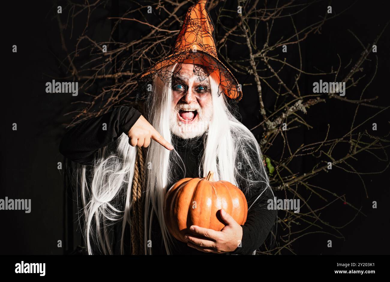 Bearded man dressed like Halloween monster. Halloween art Blood skin ...