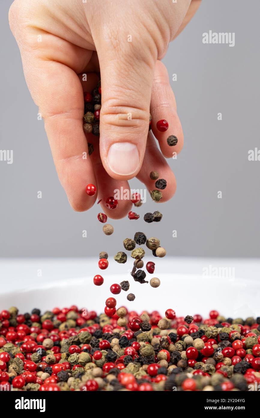 Hand sprinkling peppercorn mixture red, green, white and black pepper ...