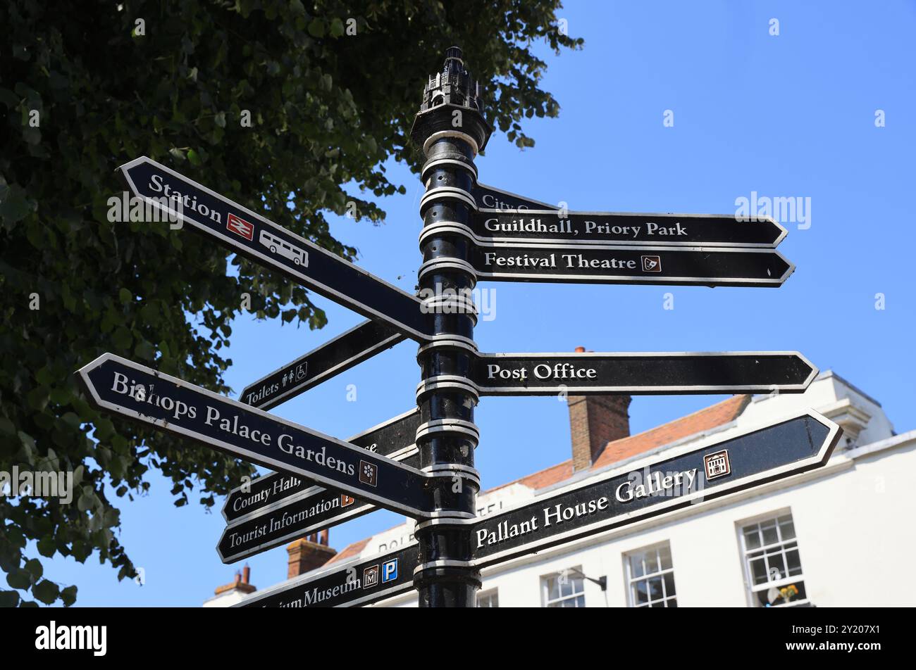 Signpost for main attractions in central Chichester, West Sussex, UK ...