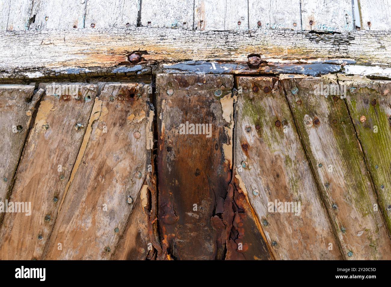 Details of an old rotten wooden fishing boat in Hastings, England with ...