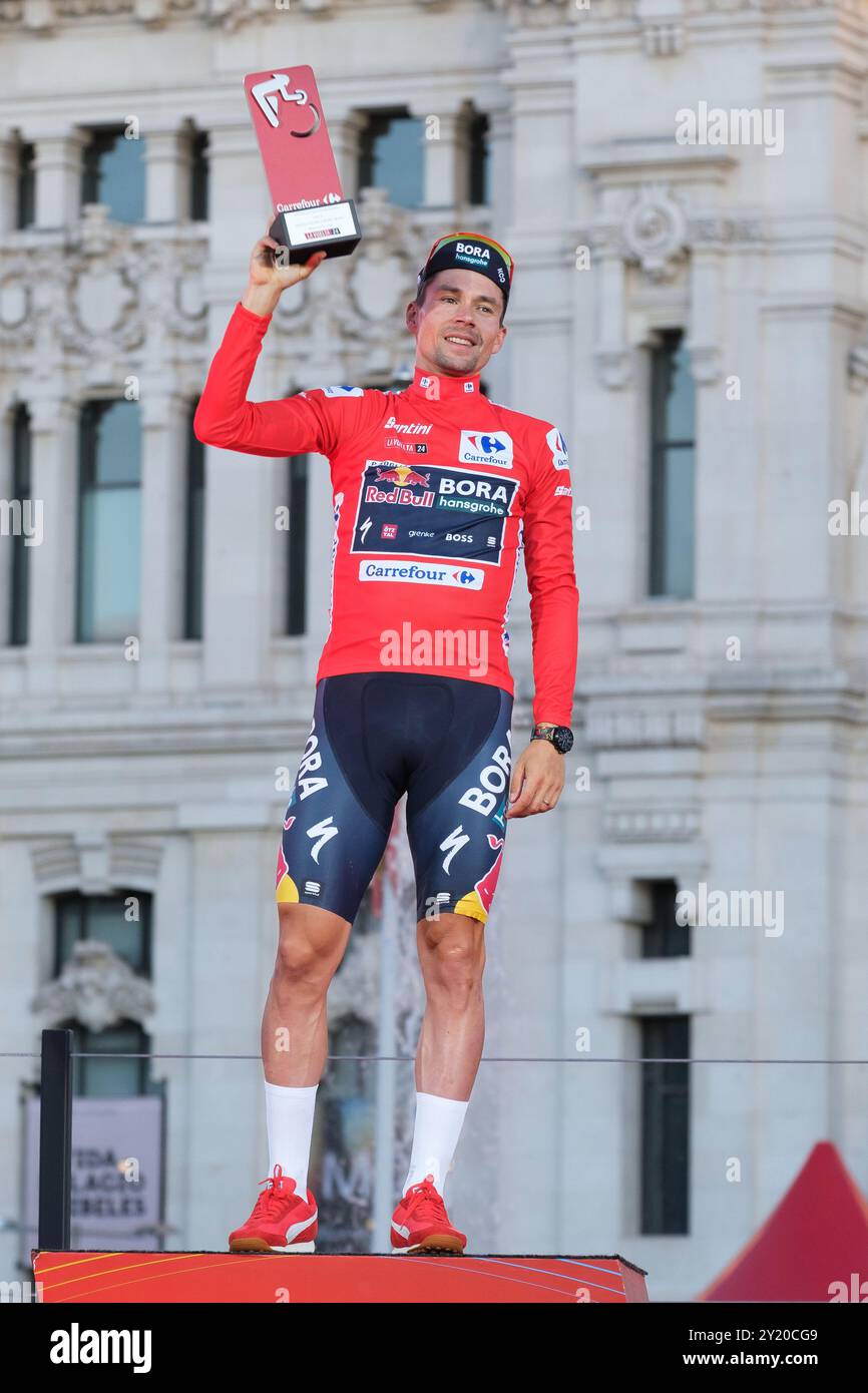 Primoz Roglic of Slovenia and Red Bull Bora Team celebrates his victory ...