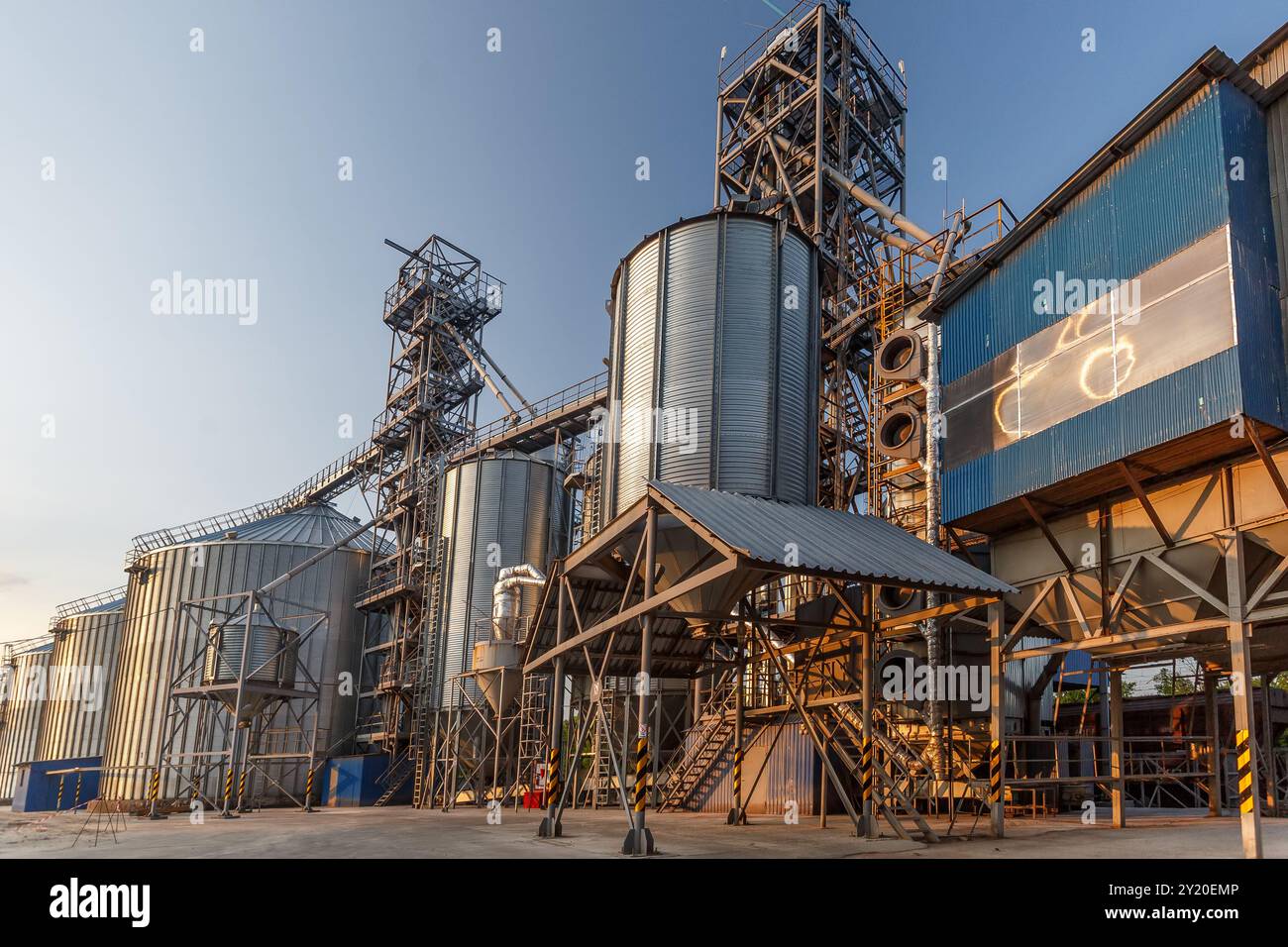 Panoramic view of industrial silos and grain storage facilities at ...