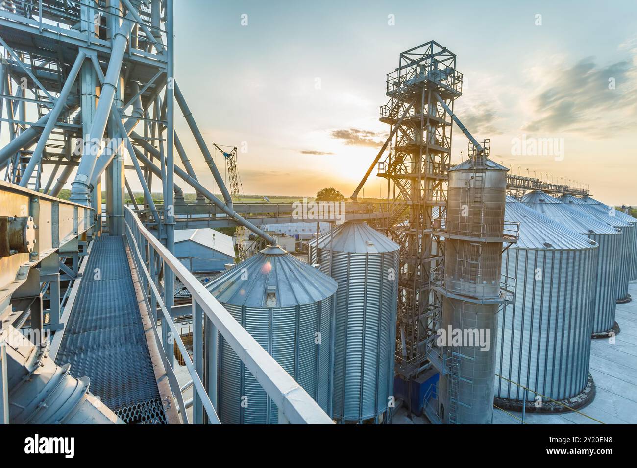 Panoramic view of industrial silos and grain storage facilities at ...