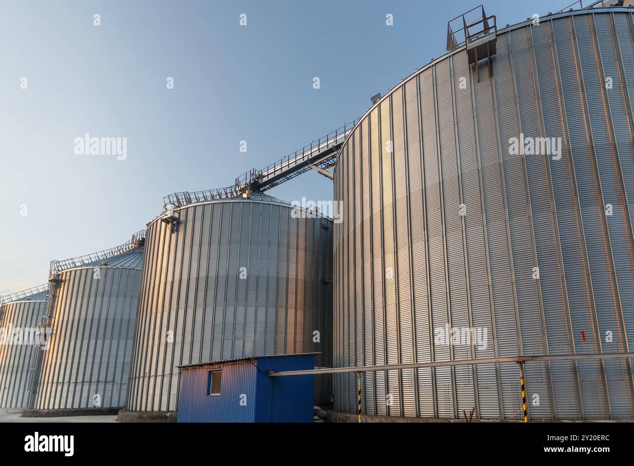 Panoramic view of industrial silos and grain storage facilities at ...