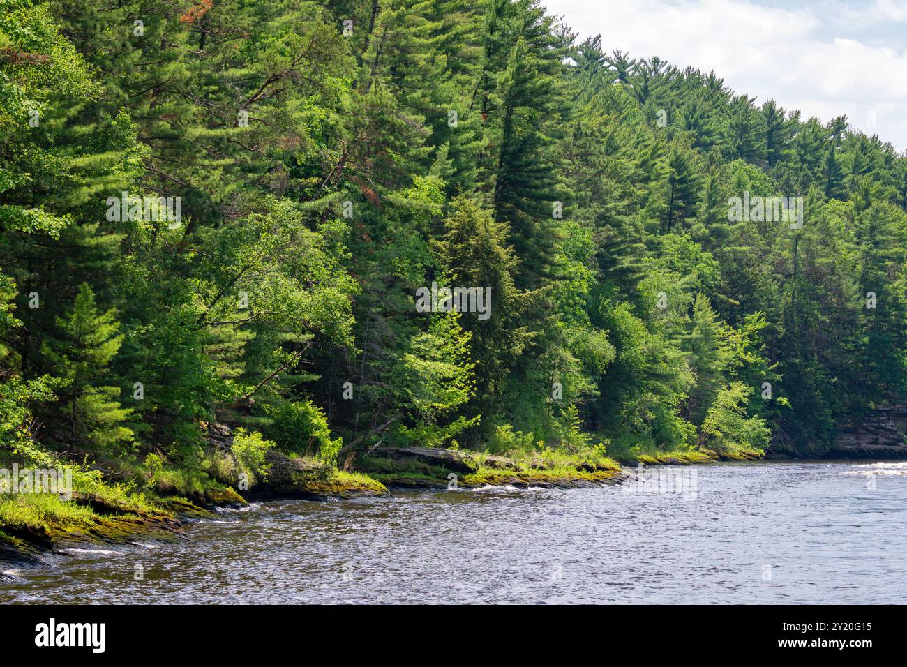 The rocky shoreline of Cambrian sandstone along the Wisconsin River in ...