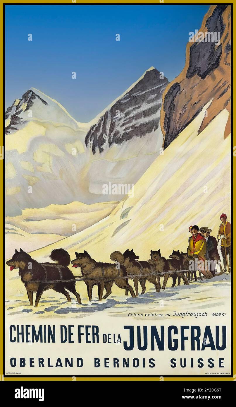 Vintage Swiss Travel Poster Jungfrau Switzerland Art Dog Sled Bernese ...