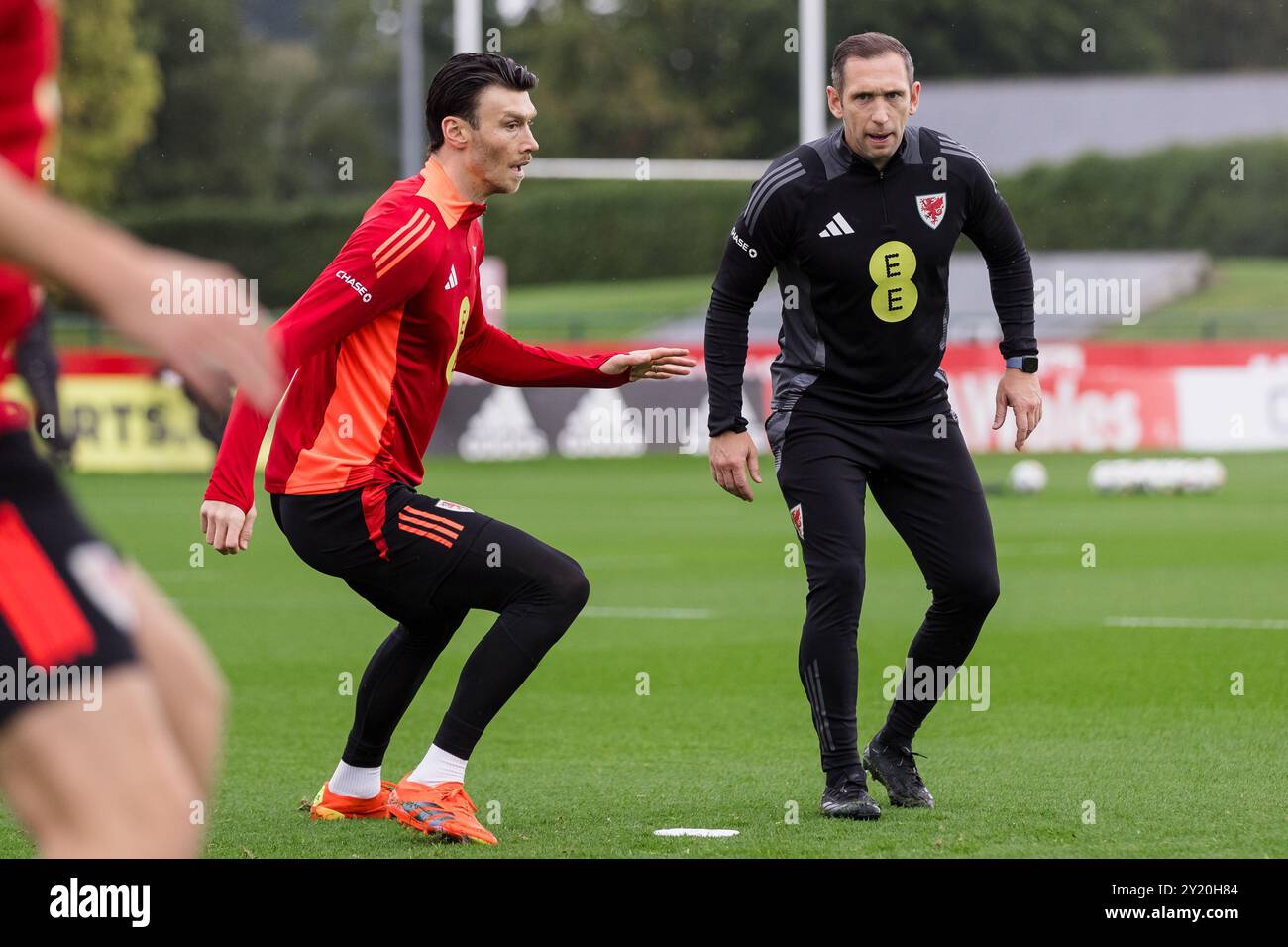 PONTYCLUN, UK. 08th Sep, 2024. Wales' Assistant Coach Andrew Crofts and ...