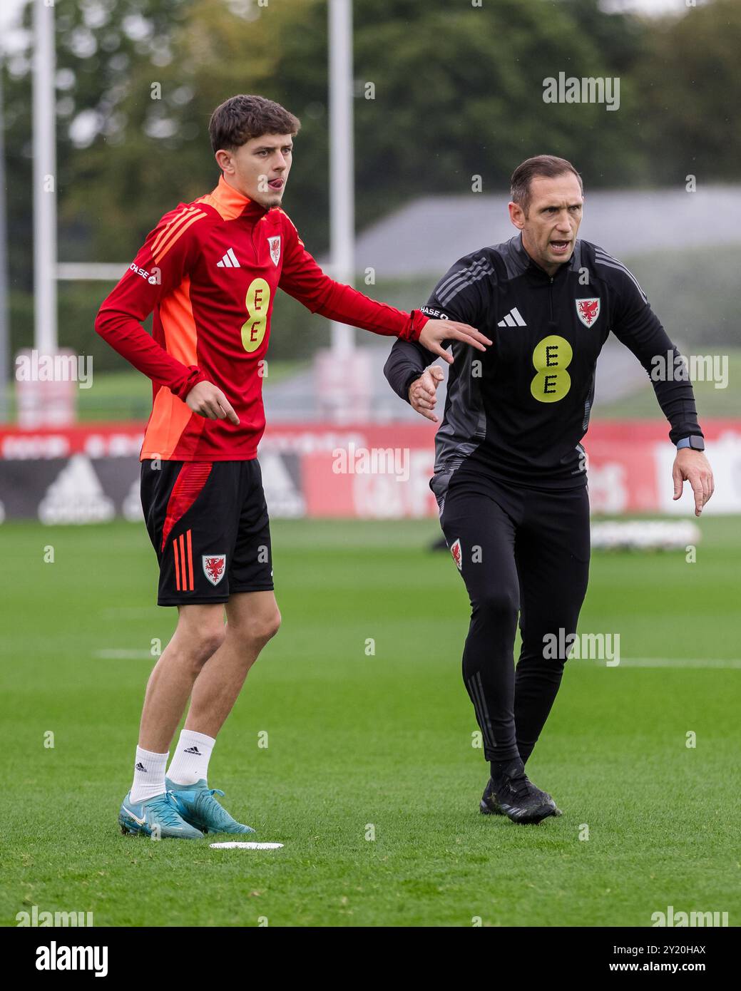 PONTYCLUN, UK. 08th Sep, 2024. Wales' Owen Beck and Wales' Assistant ...